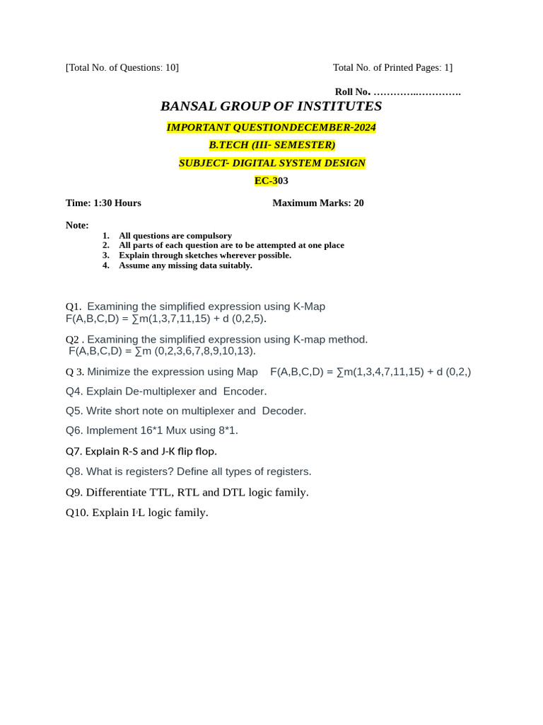 Digital System Design Exam Questions | PDF