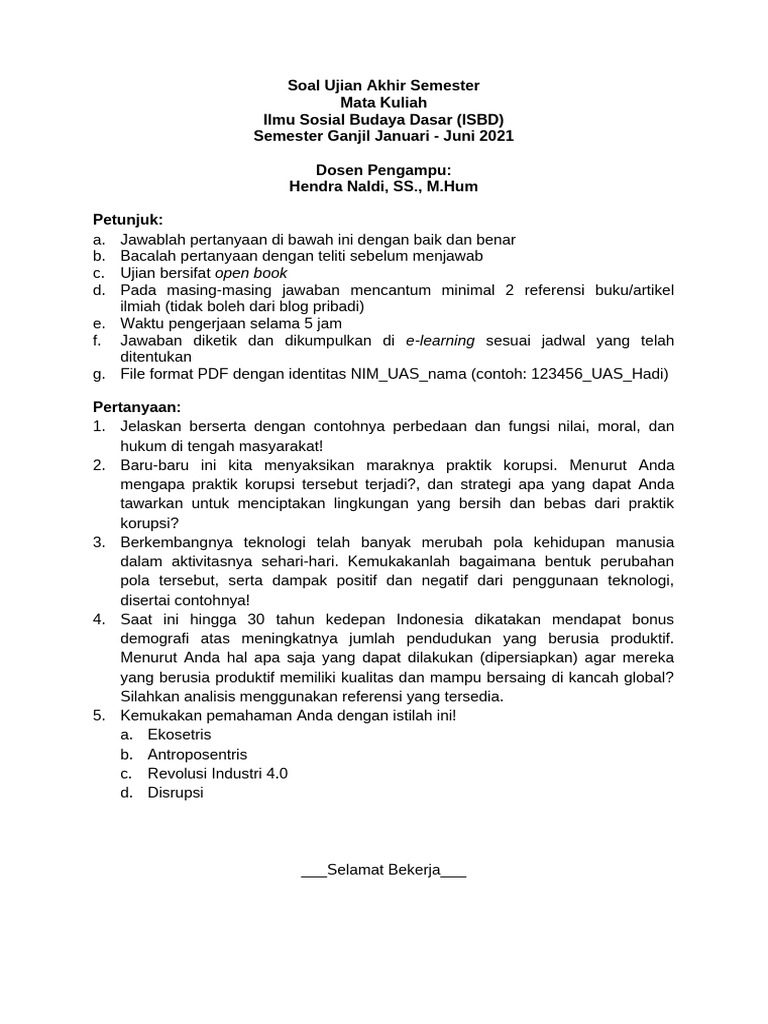Soal Ujian Akhir Semester ISBD 2021 - Hendra Naldi | PDF