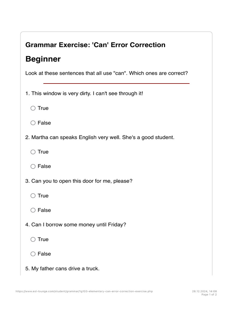 L Grammar Exercise - 'Can' Error Correction | PDF