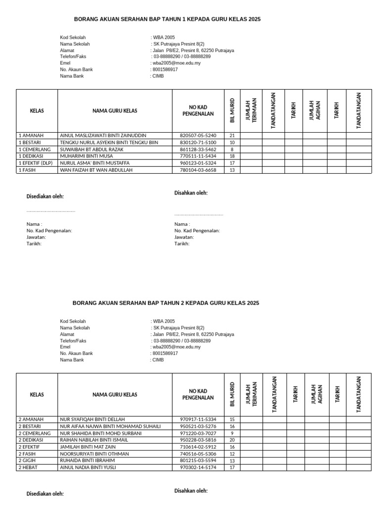 Borang Akuan Serahan Bap Kepada Guru Kelas 2025 | PDF