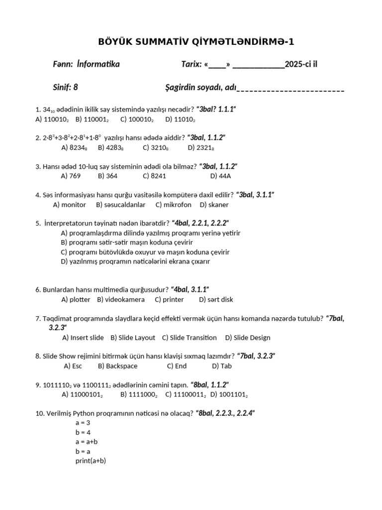 8 Sinif Info BSQ 1 | PDF