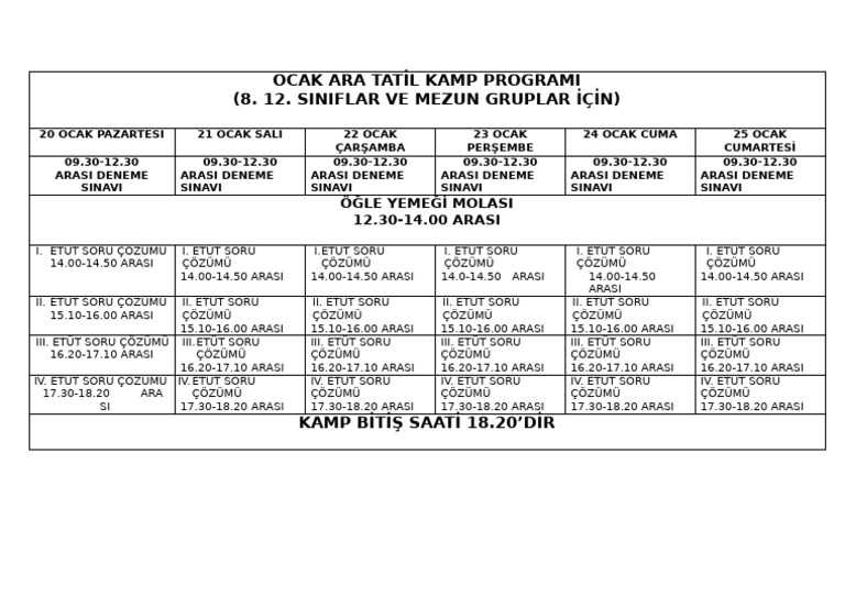 Ara Tati̇l Kamp Programi Saatler | PDF