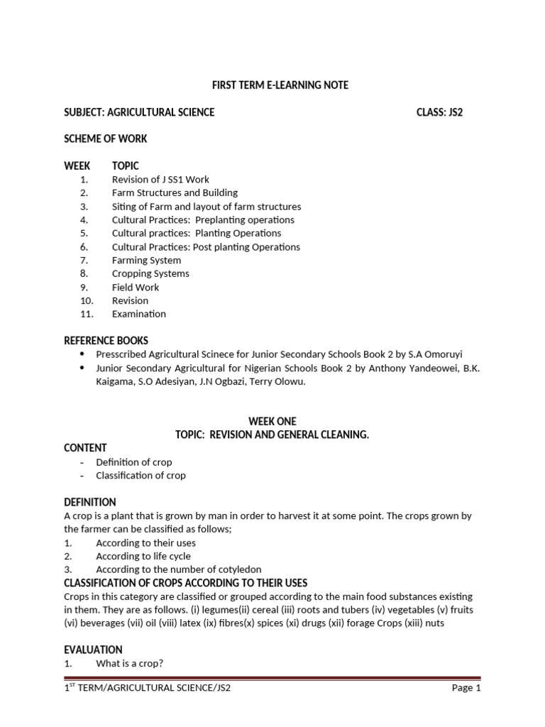 First Term JSS2 Agricultural Science | PDF | Sowing | Agriculture