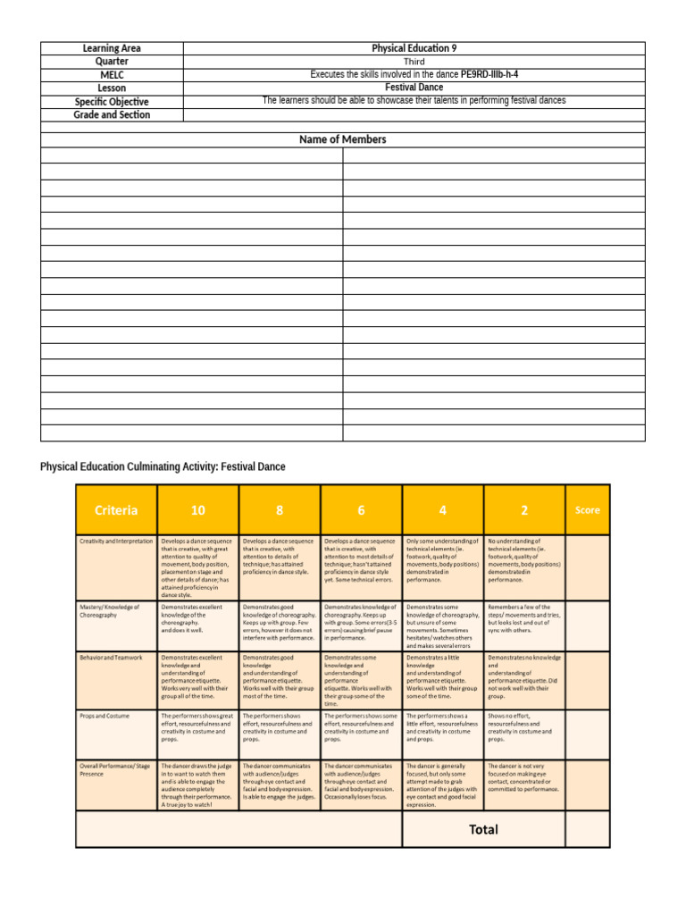 Festival Dance Skills for PE 9 Students | PDF