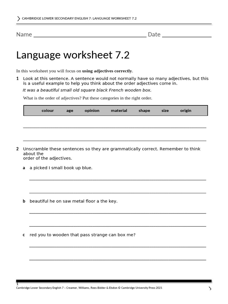 Adjective Usage Worksheet for English 7 | PDF | English Language ...