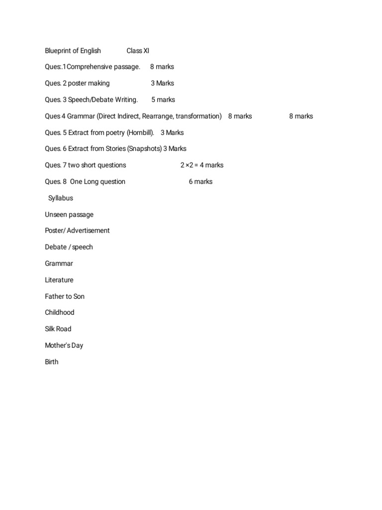 Class XI English Exam Blueprint | PDF