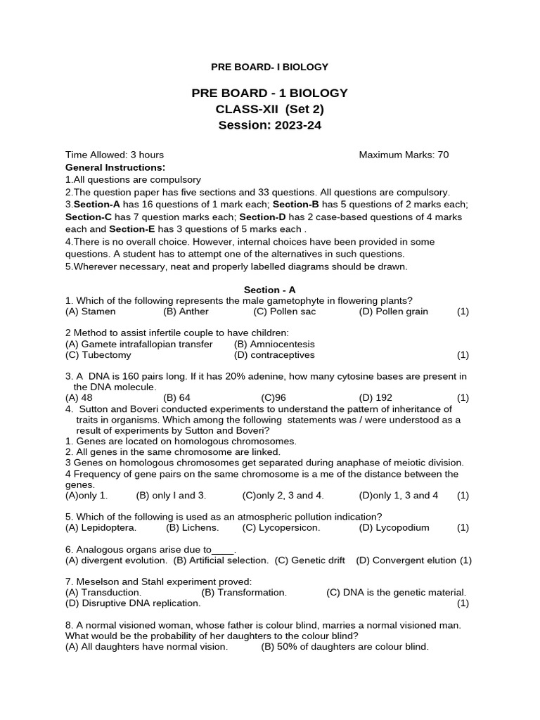 12, Preboard1, Set 2, Biology | PDF | Virus | Birth Control