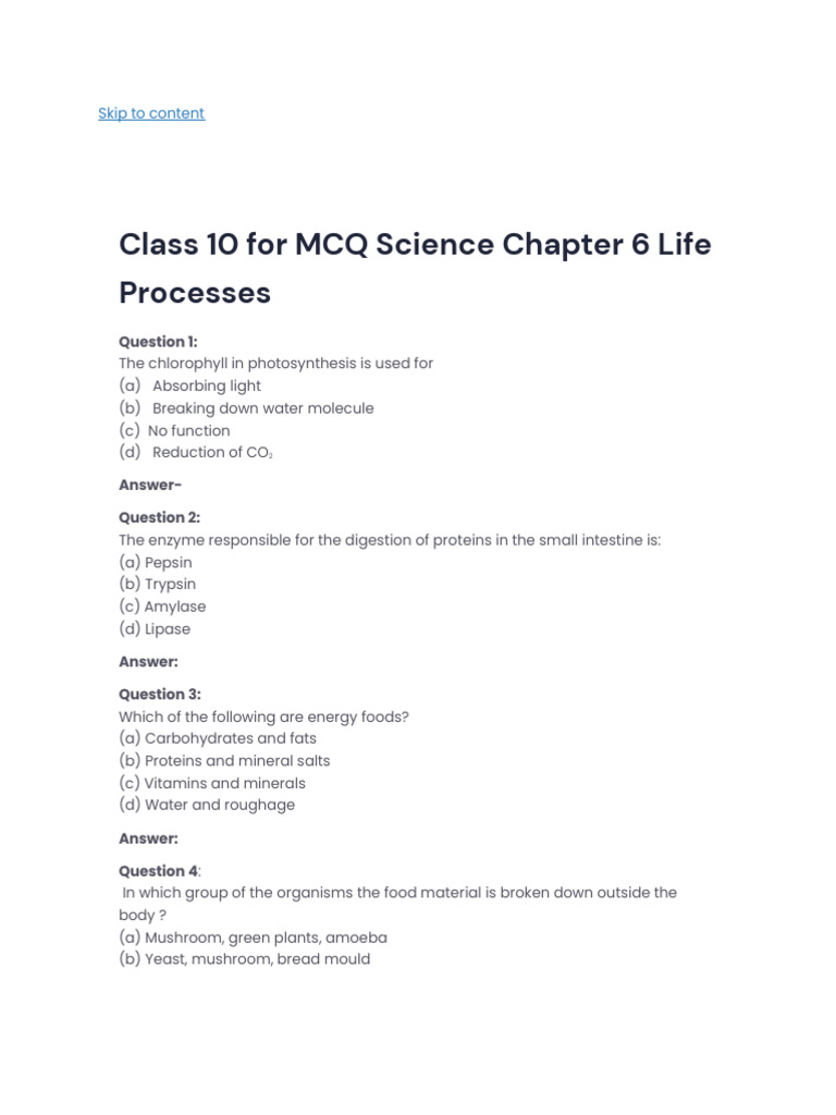 mcq life process | PDF | Digestion | Nutrition