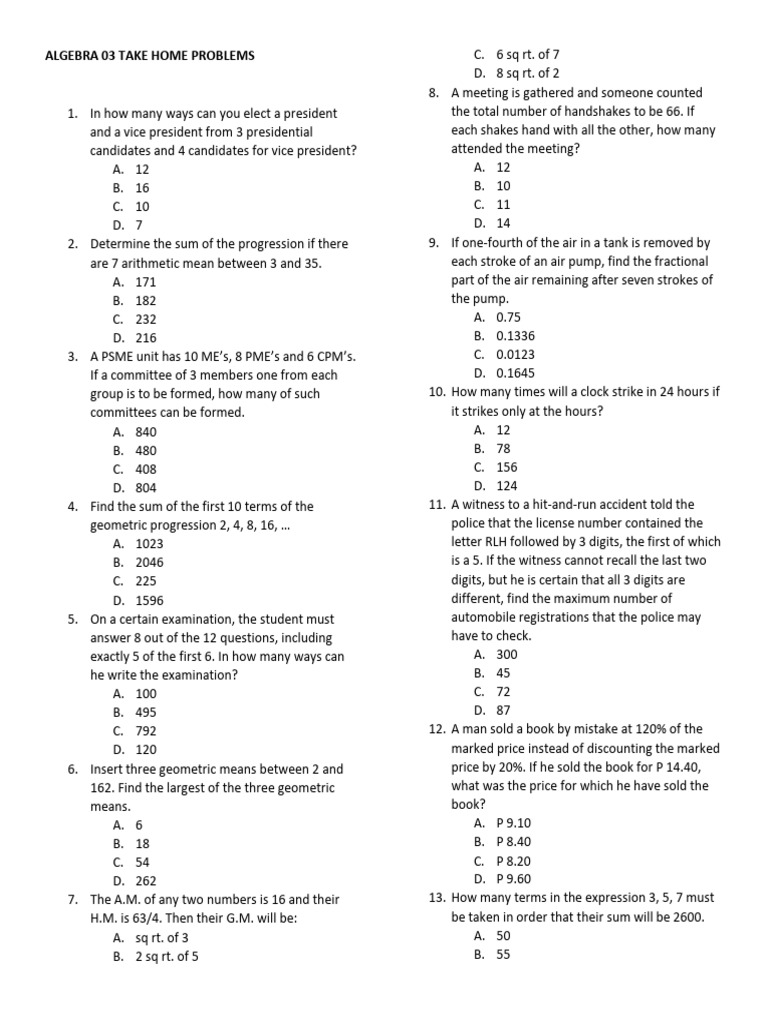 Algebra 03 - Take Home Problems | PDF | Volt | Electrical Resistance ...