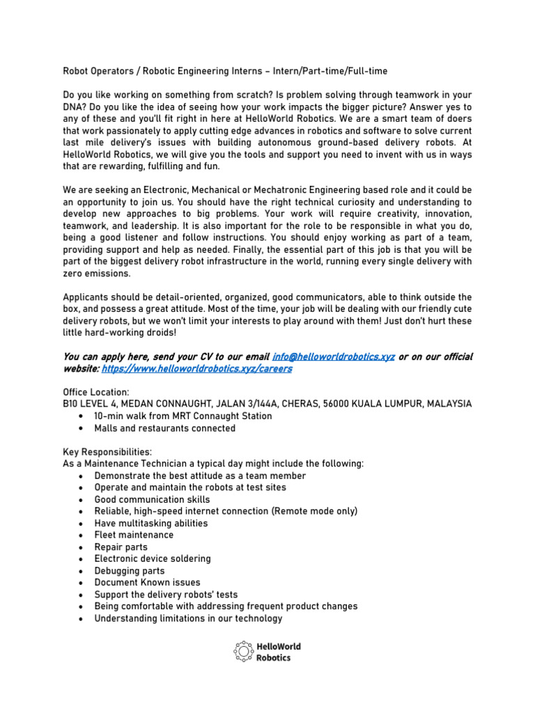 HelloWorldRobotics - Robot Operators & Robotic Engineering Intern ...