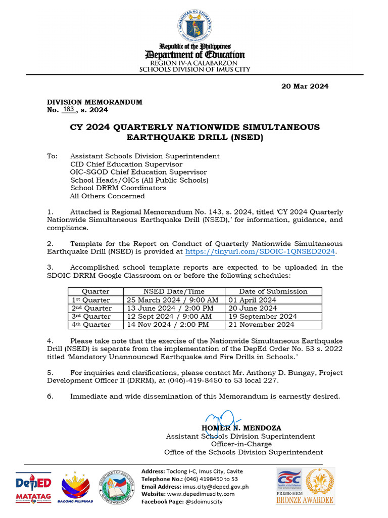 2024 Nationwide Earthquake Drill Memo | PDF