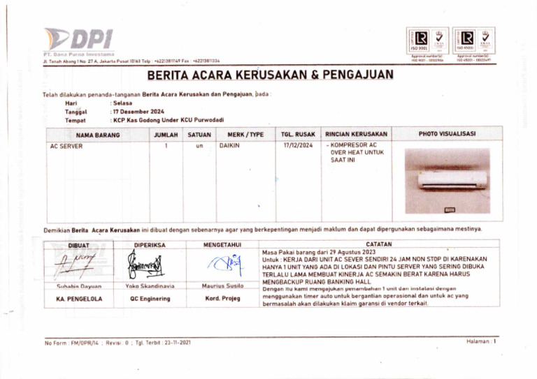 BA Kerusakan KCP KAS Godong Des 24 | PDF