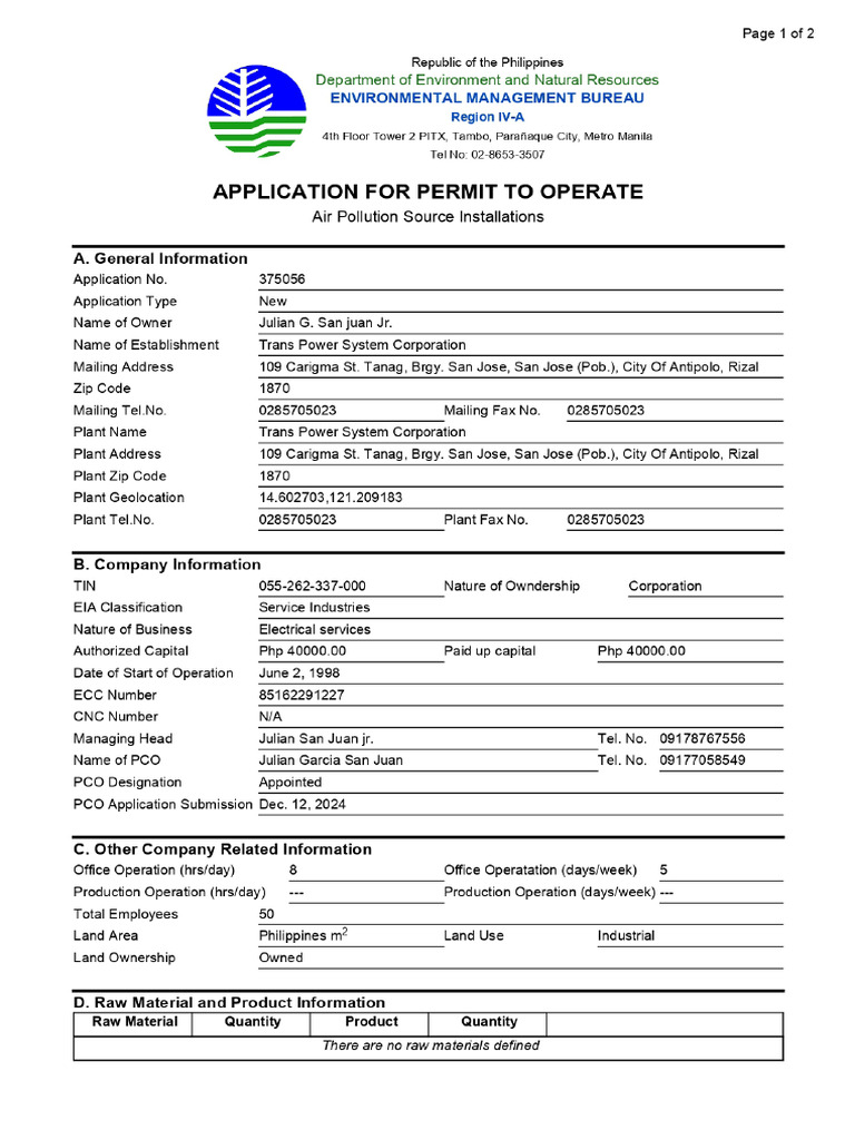 Application for Permit to Operate | PDF