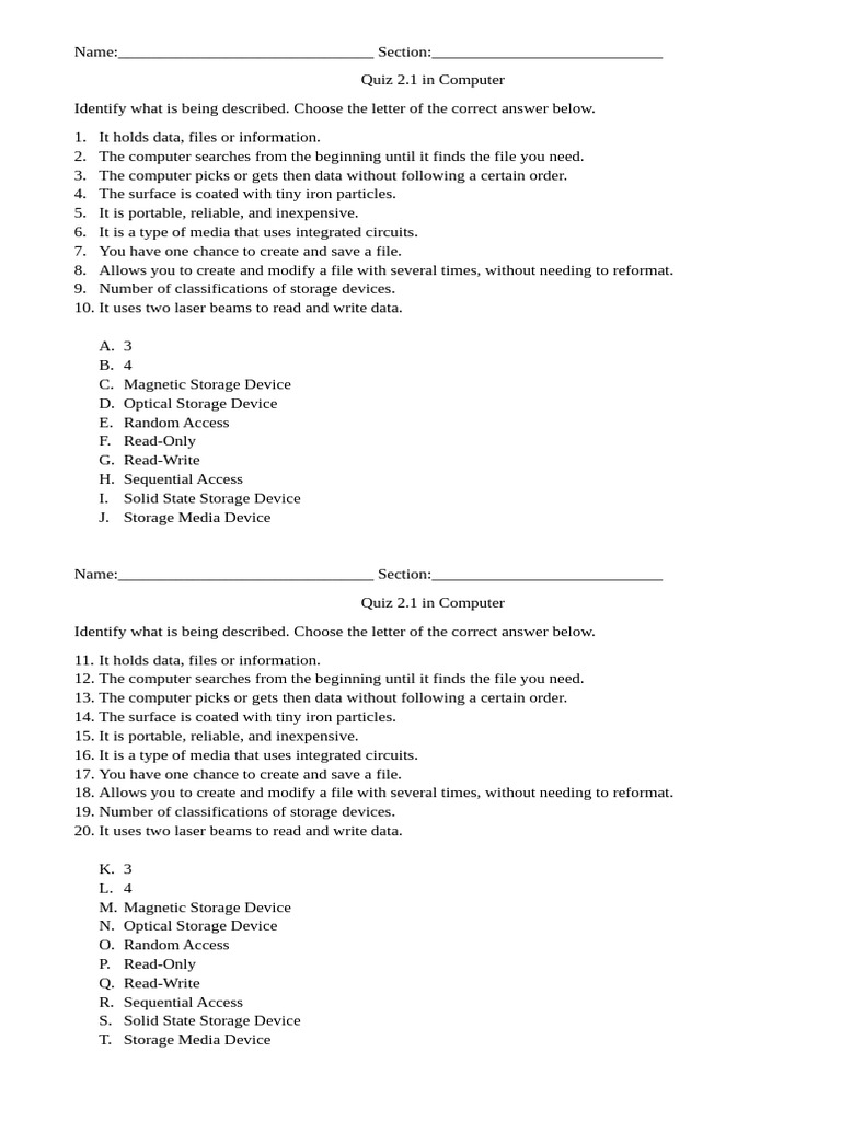 Computer Quiz 1 | PDF