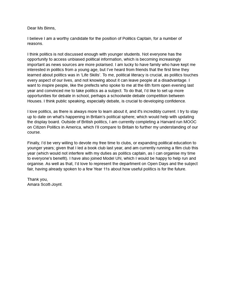 Politics Captain Application by Amara Scott-Joynt | PDF