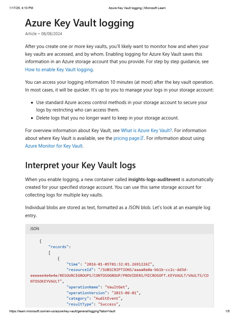 Azure Key Vault logging _ Microsoft Learn 5 | PDF | Uniform Resource Identifier | Software ...