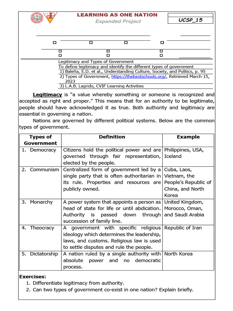 UCSP LAS 15 Legitimacy and Types of Government | PDF | Legitimacy (Political) | Republic