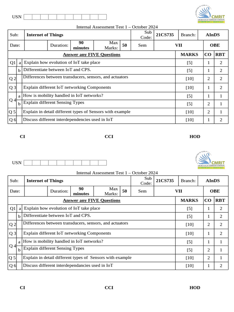 IoT-21CS735 - IAT 1 - Ques. Paper - Set2 | PDF | Internet Of Things | Distributed Computing ...