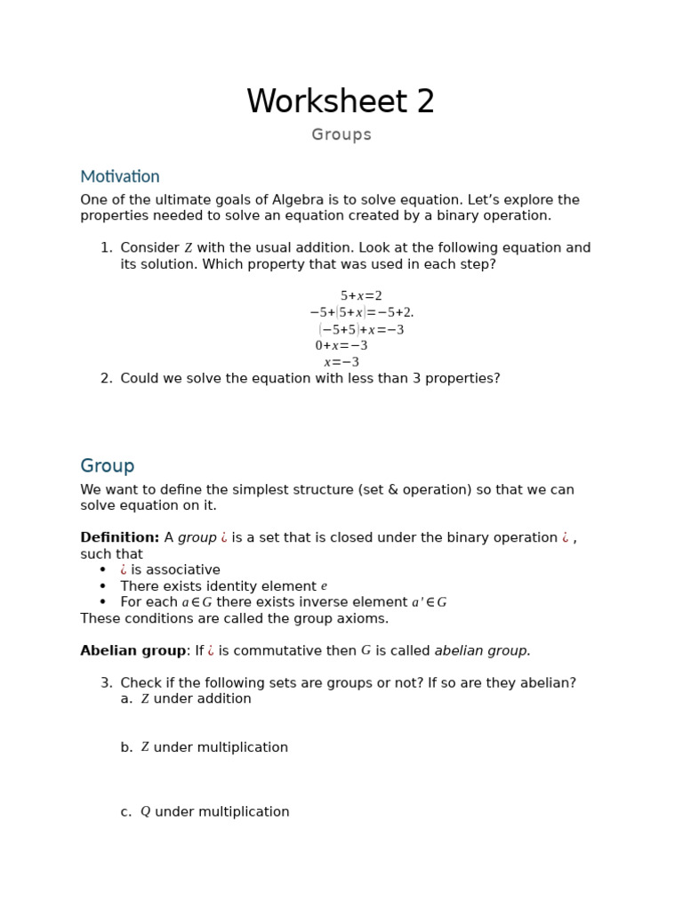 Abstract Algebra Worksheet2 | PDF | Group (Mathematics) | Matrix (Mathematics)
