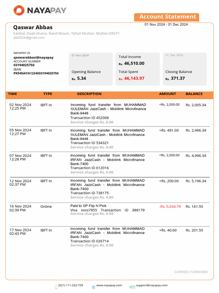 01-NOV to 31-DEC 2024 Qaswar Abbas Naya Pay Statement | PDF | Fee | Financial Services