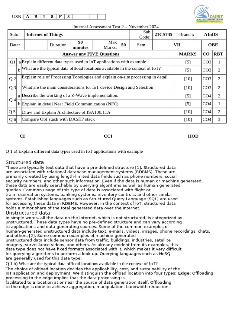 IoT-21CS735 - IAT 2 - Ques. Paper - Set1 - Solution | PDF | Cloud Computing | Internet Of Things