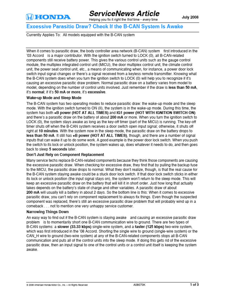 Parasitic Draw Honda Bulletin | PDF | Switch | Electronics