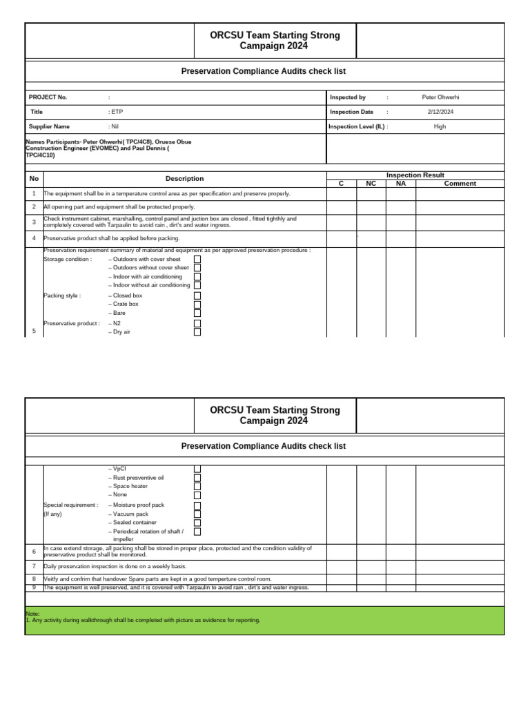 Preservation Inspection Check List | PDF