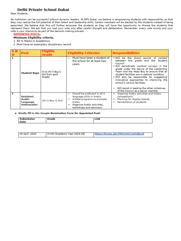 Student Council Form 2024-2025 - Middle School | PDF