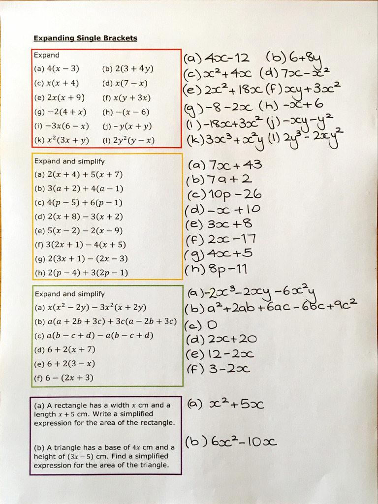 Expanding Single Brackets Practice Strips Answers | PDF
