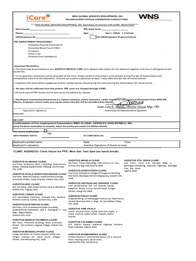 iCare Aventus PEME Slip for WNS 2024 - 2025 | PDF | Makati | Medicine
