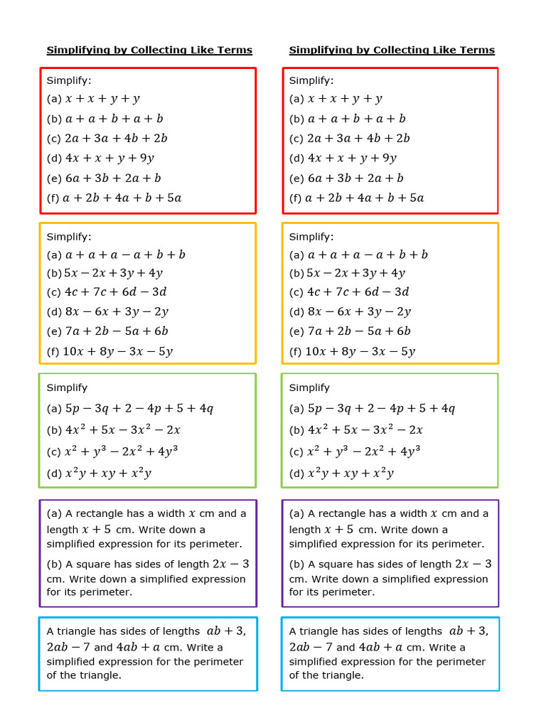 Collecting Like Terms Practice Strips | PDF