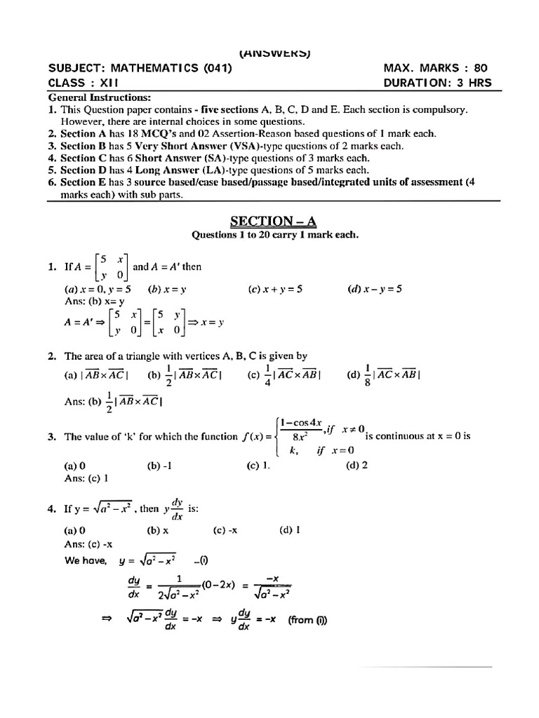 12th Maths Practice Paper 1 Questions With Solution | PDF