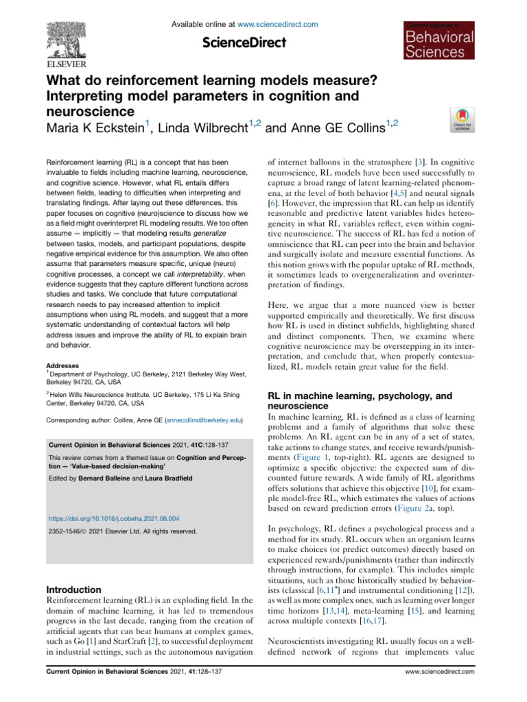 Eckstein Et Al 2021 - What Do Reinforcement Models Measure | PDF ...