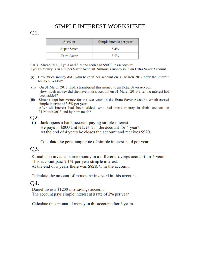 SIMPLE INTEREST WORKSHEET | PDF