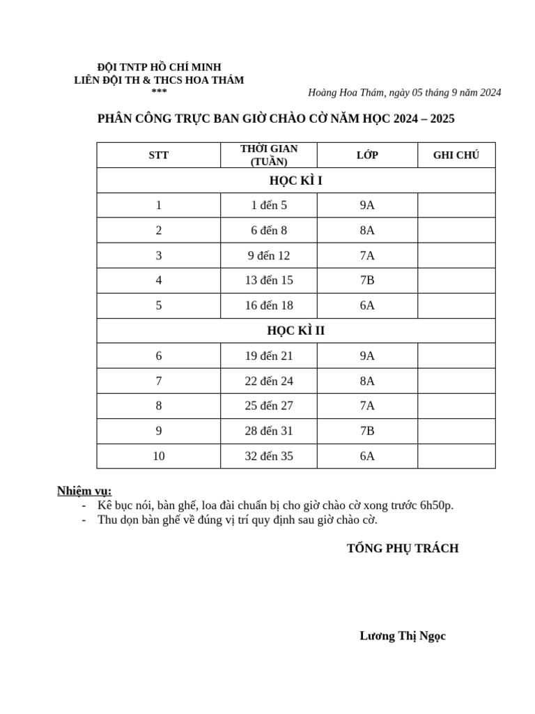 Phân Công TR C Ban Gi Chào C | PDF