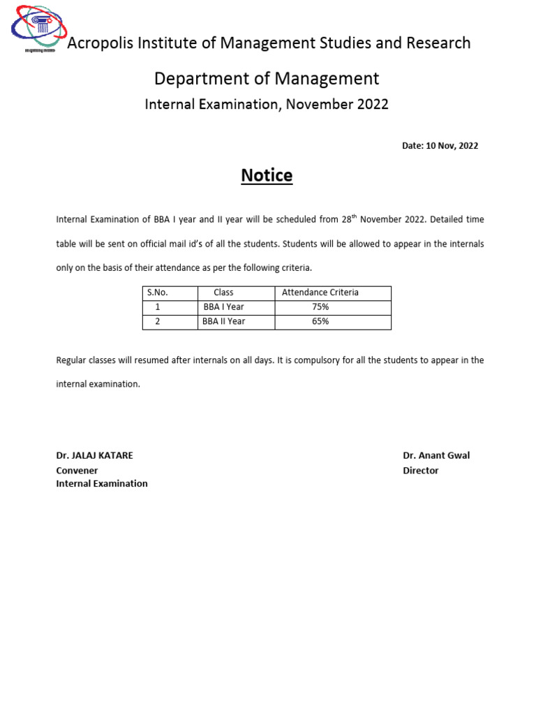 Internal Examination Notice | PDF