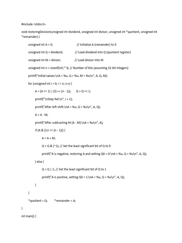Restoring Division Algorithm in C | PDF