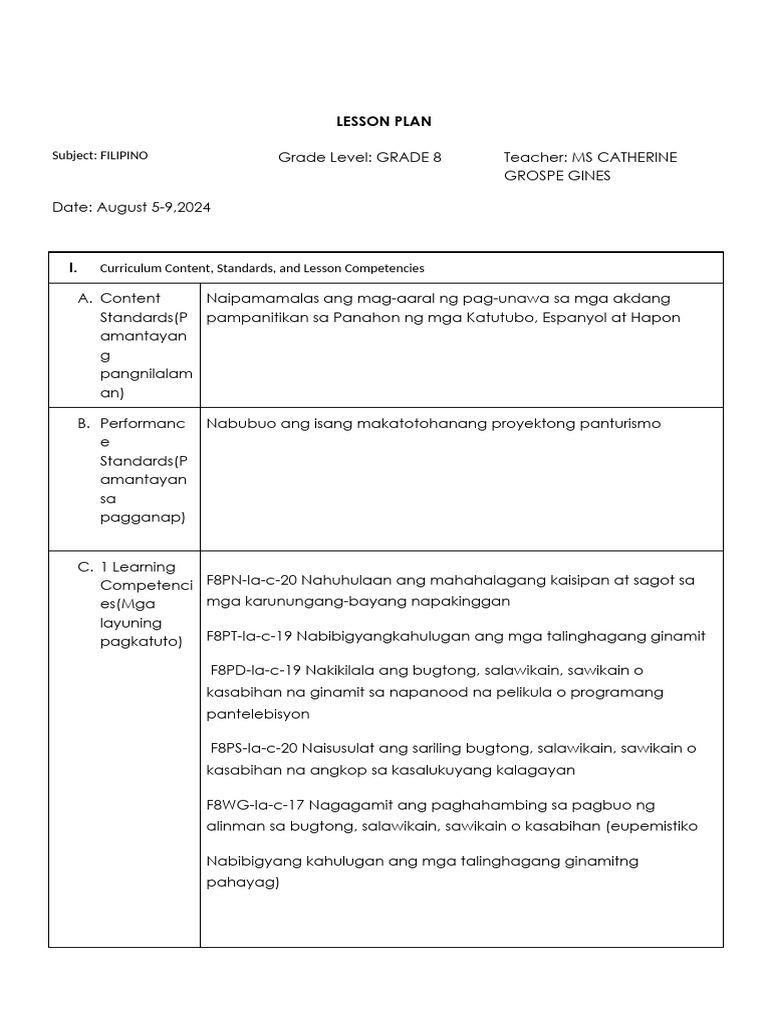 Week 1-LP No.1-Filipino8 | PDF