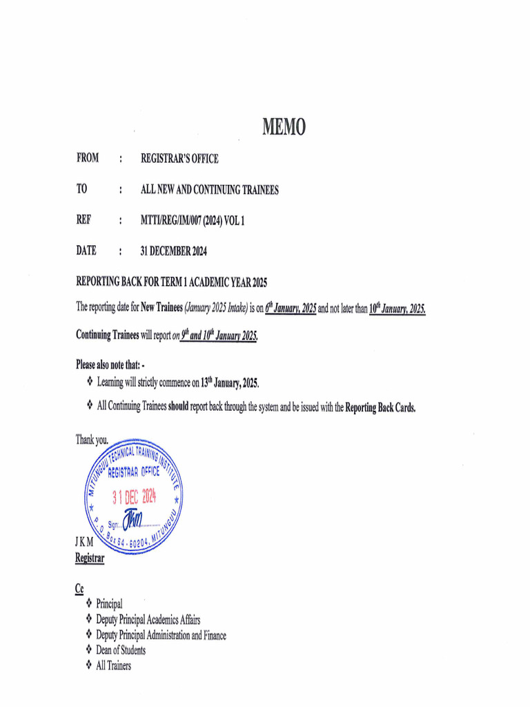 Reporting Back Memo - Registrar | PDF