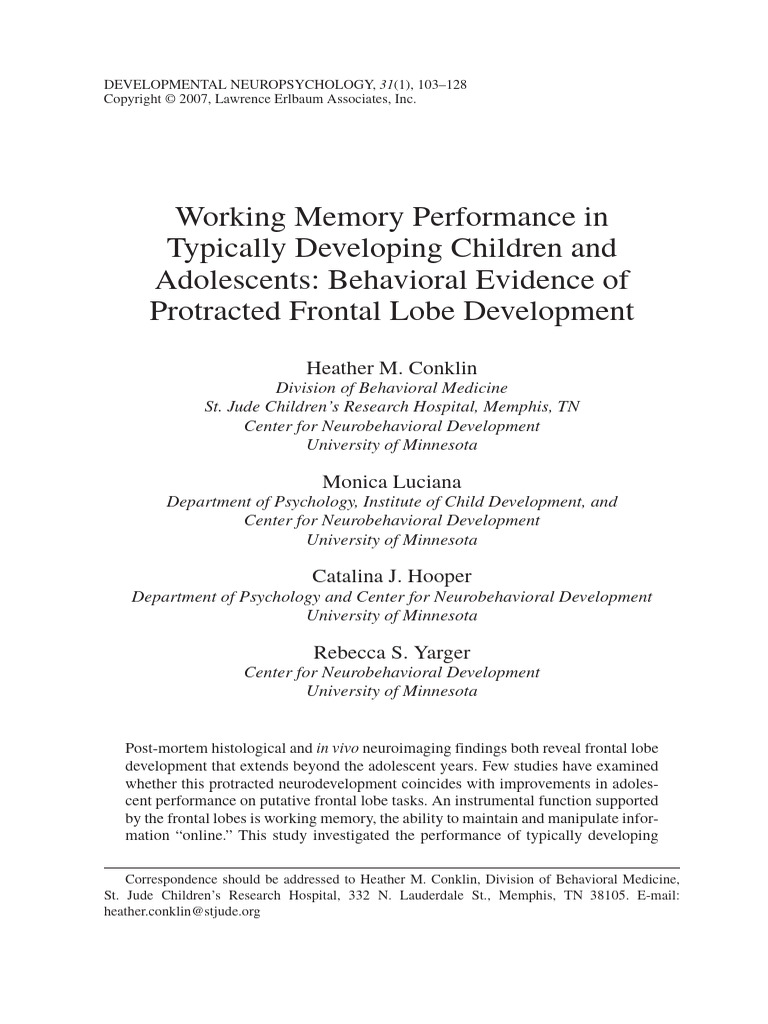 Conklin Et Al 2007 - Working Memory Performance Assessment | PDF ...
