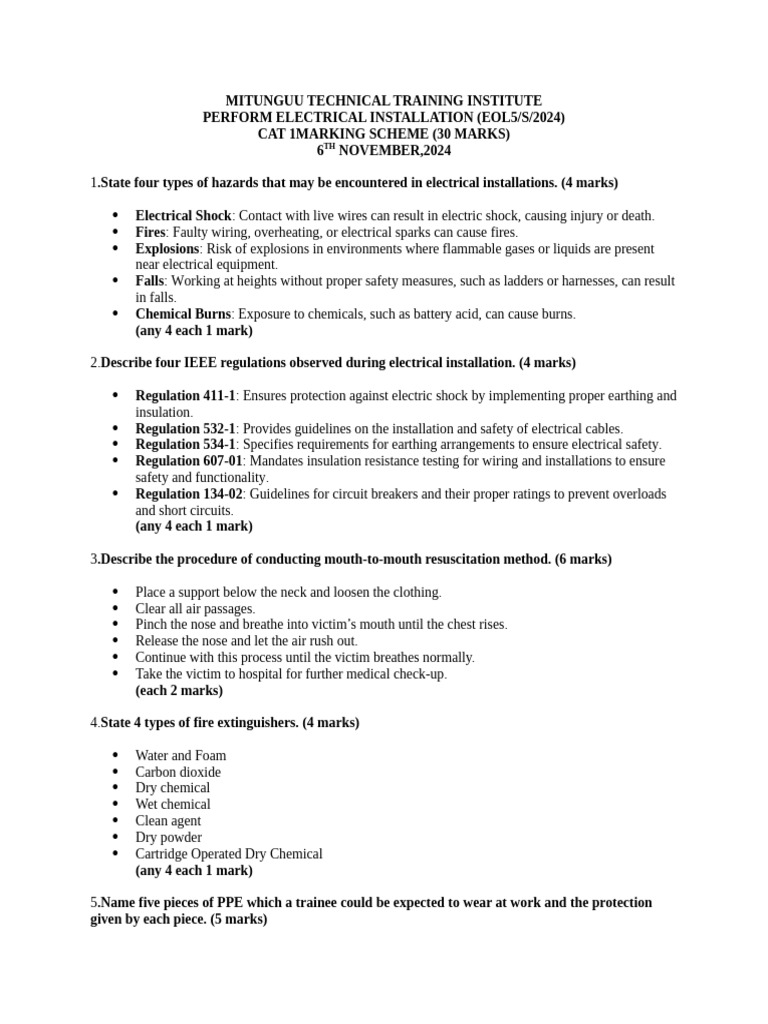 CAT 1 MARKING SCHEME Perf E. .Instll | PDF | Electrical Wiring | Safety