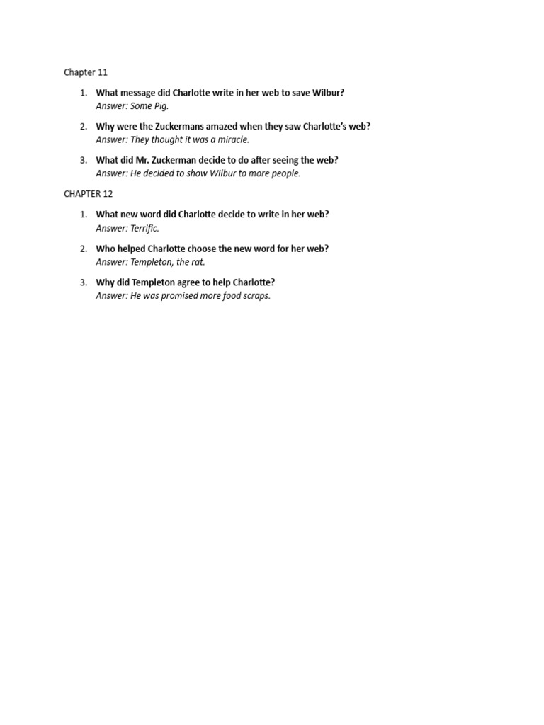 Charlotte's Web Chapter 11 and 12 Qa | PDF