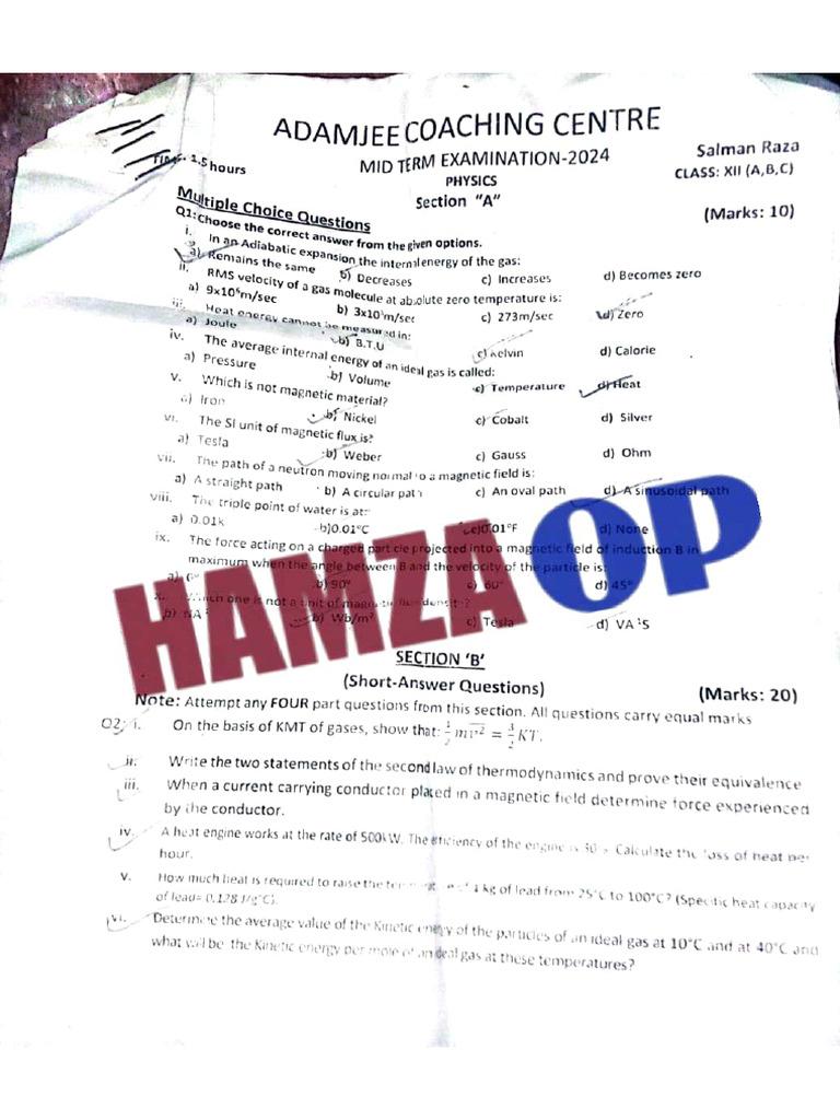 Xii - Physics Adamjee Coaching Midterm - Hamza Op | PDF
