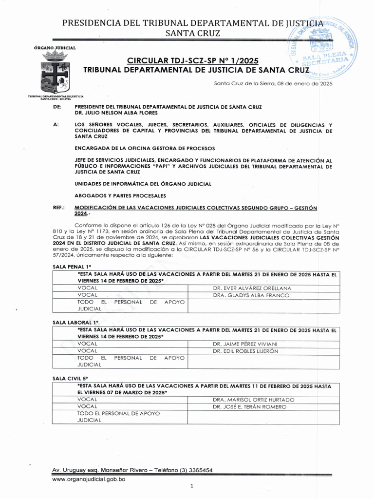 Circular TDJ-SCZ-SP #1.2025 - Modificación Salas - Vacaciones Judiciales Colectivas Segundo ...