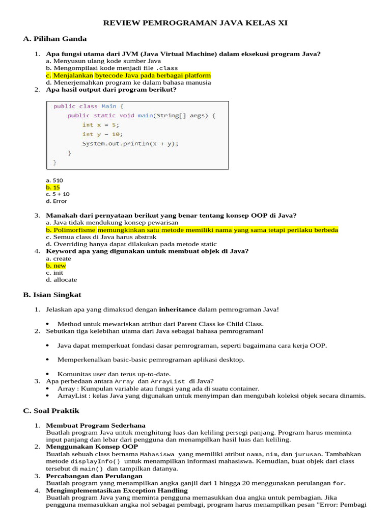 Soal Review Pemrog Java Kls Xi | PDF