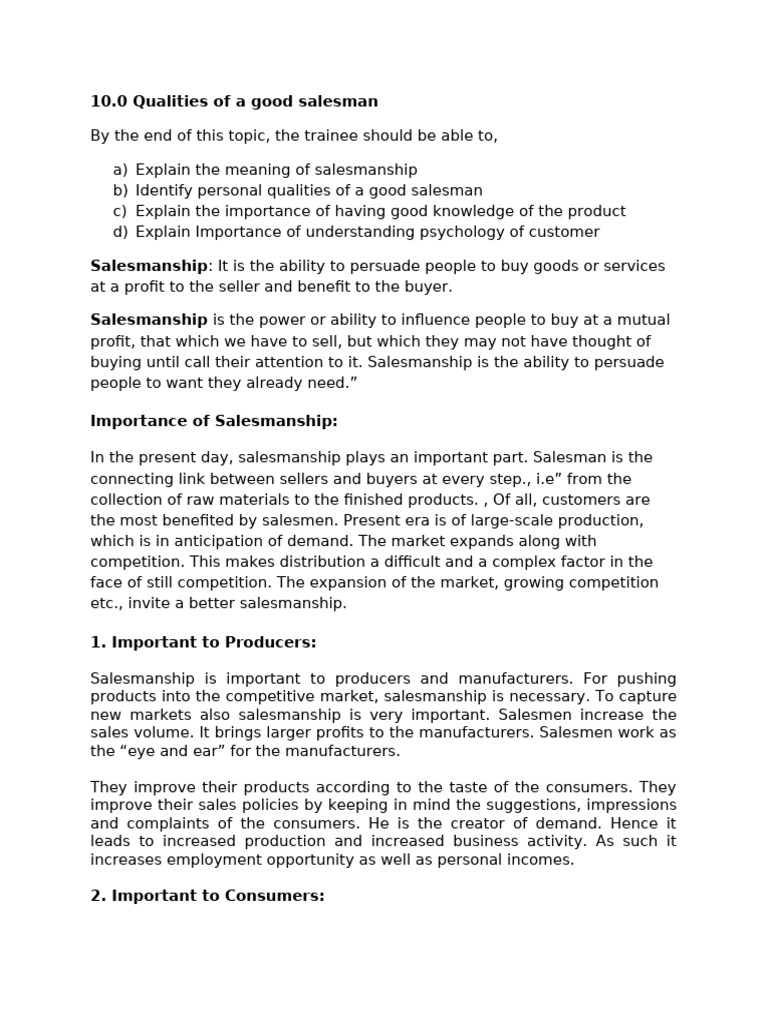 Essential Qualities of a Good Salesman | PDF | Sales | Consumer Behaviour