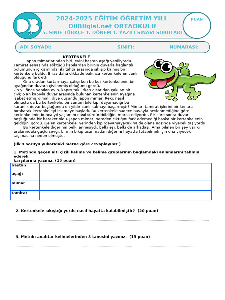 5-Sinif-Turkce-1-Donem-1-Yazili-DilBilgisi.net | PDF