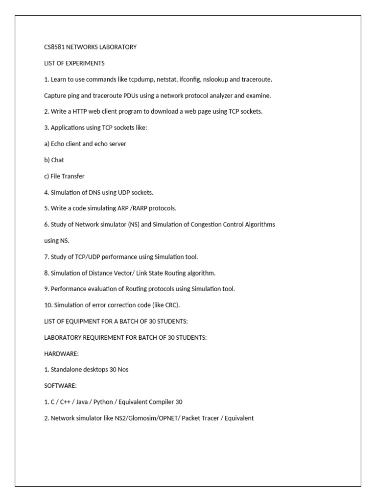 CS8581 Networks Laboratory 2017 | PDF | Transmission Control Protocol | Network Socket