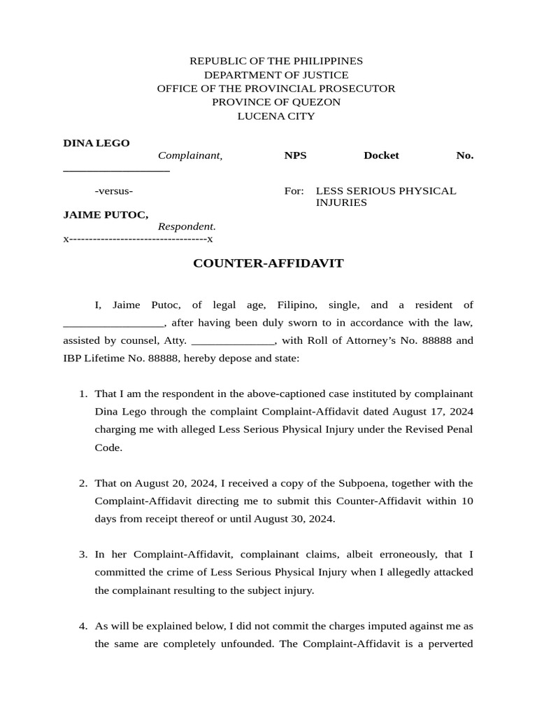 Counter Affidavit For Less Serious Physical Injuries | PDF | Misconduct | Criminal Justice