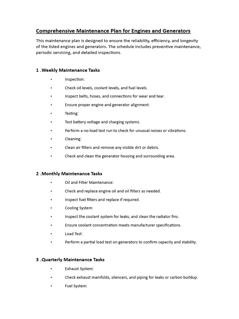 Maintenance Plan For The Year 2025 For Generators | PDF | Engines ...